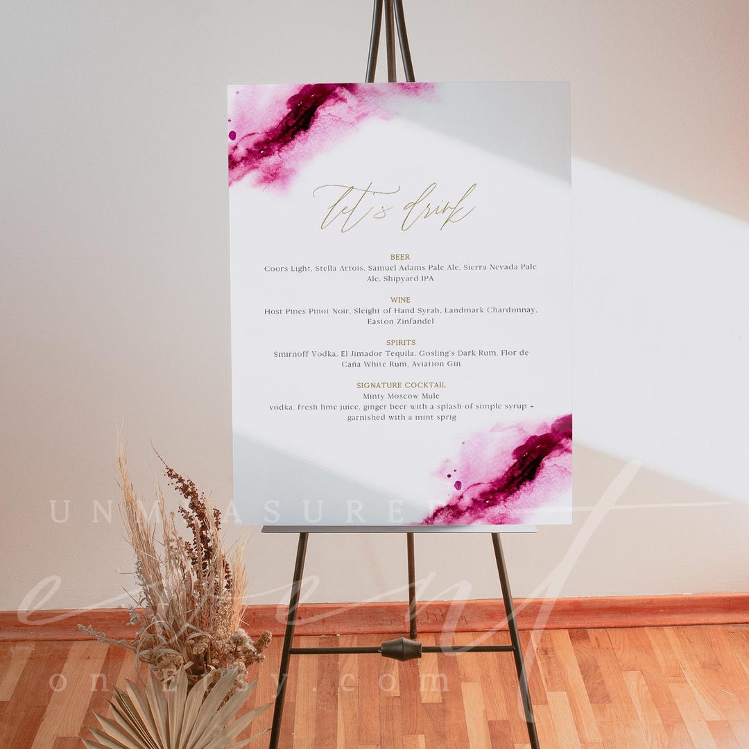 Drink Menu Sign Template, Fuchsia Bar Menu Printable, Hot Pink Cocktail ...