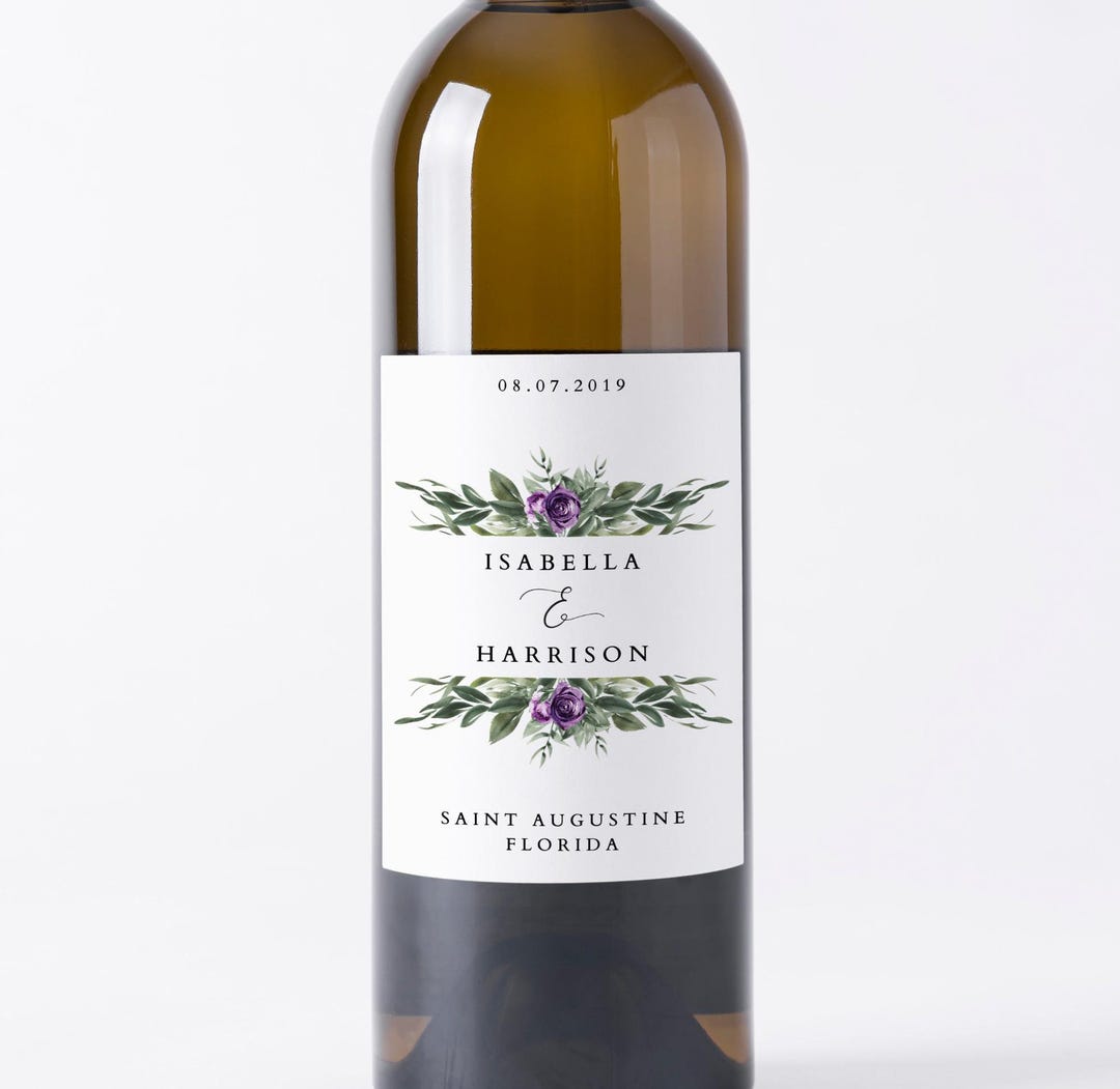 Purple Wine Bottle Label Template, Greenery Wine Bottle Label ...