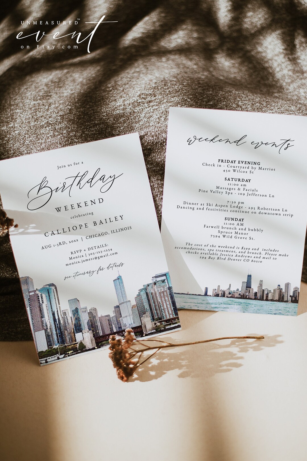 CHICAGO Birthday Party Invitation and Itinerary Template, Watercolor ...