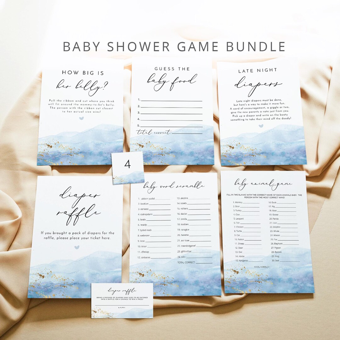 Blue Baby Shower Game Bundle, Elegant Blue and Gold Baby Shower Game ...