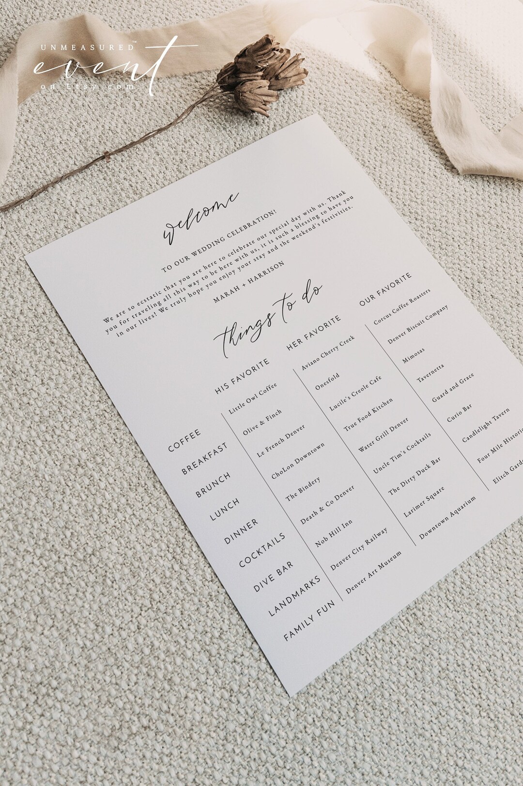 MARAH Wedding Things to Do Card Template Minimalist Wedding Welcome ...