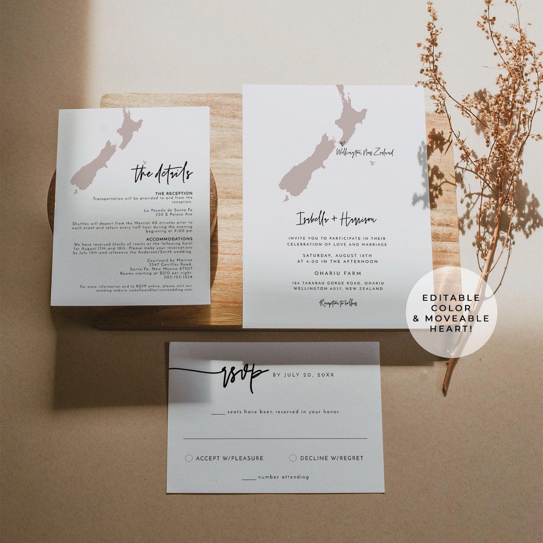 New Zealand Wedding Invitation Template Suite, EDITABLE New Zealand Map ...