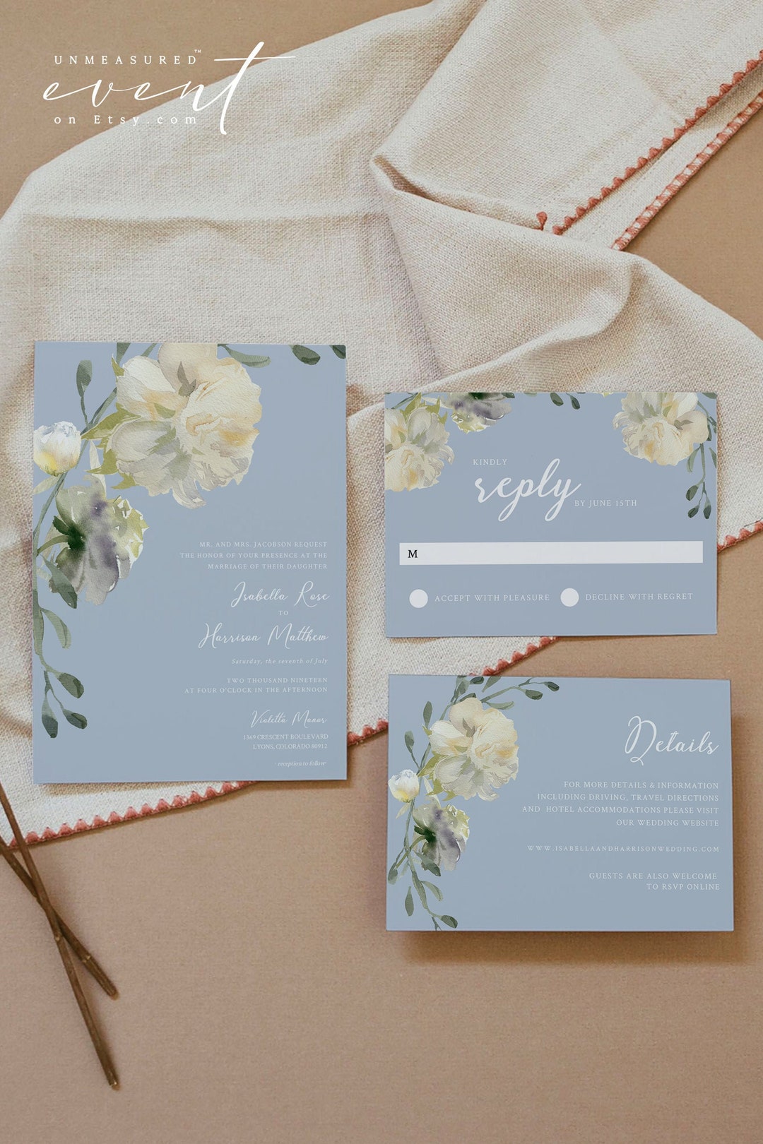 FAYE Wedding Invitation Template, Dusty Blue Wedding Invitation ...