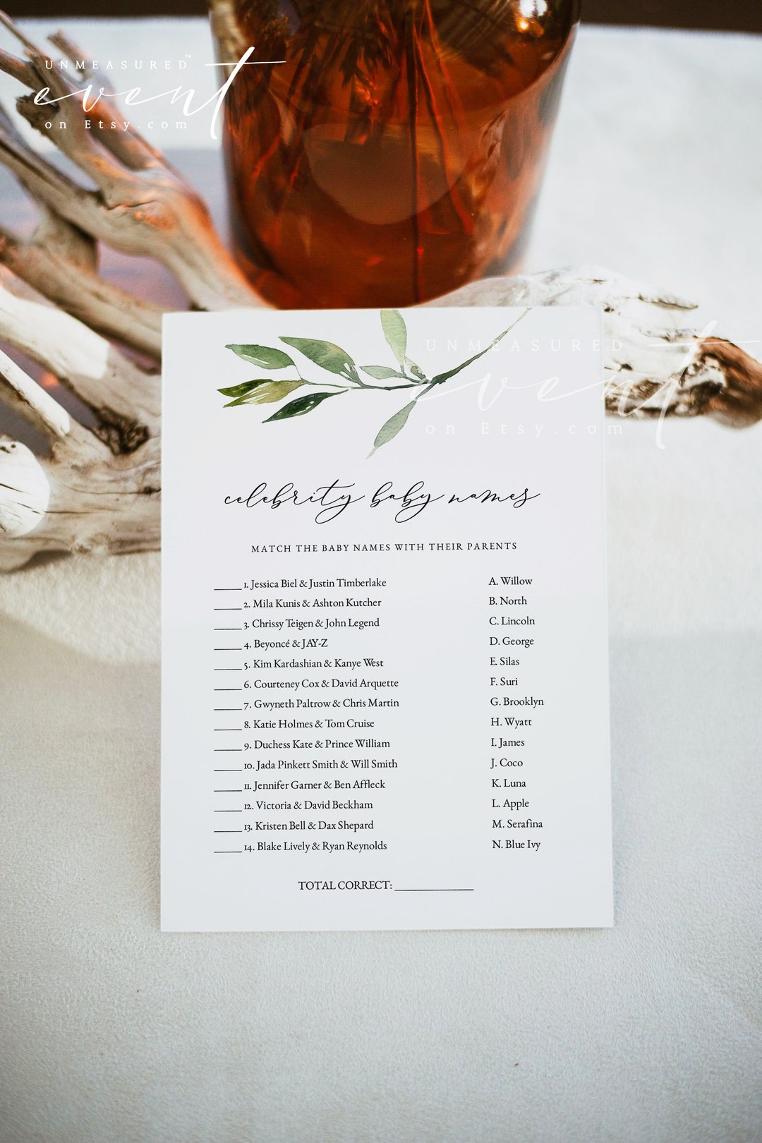 ISABELLA Celebrity Baby Names Baby Shower Game, Greenery Baby Shower ...