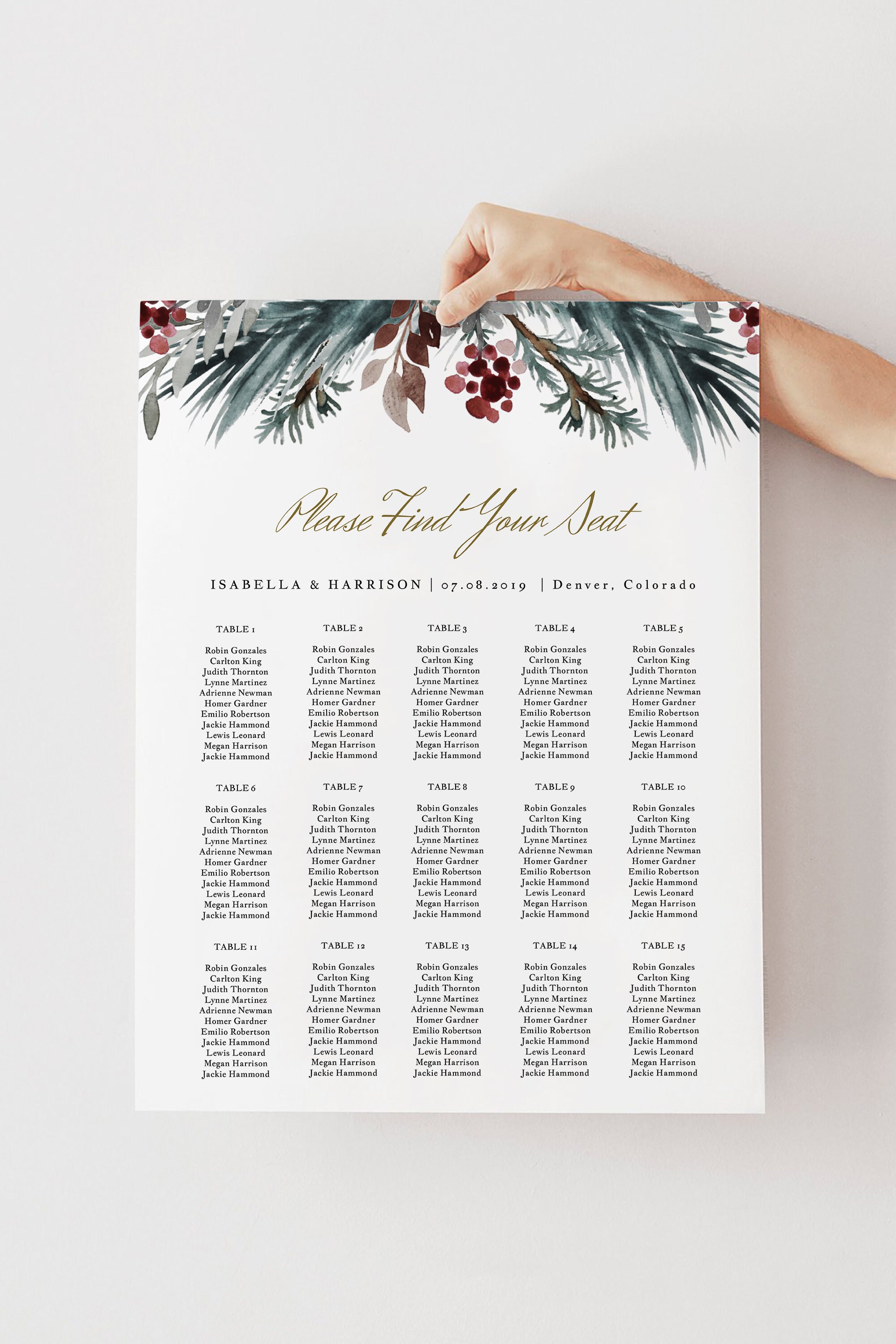 NOEL Pine Wedding Seating Chart Template Winter Wedding | Etsy