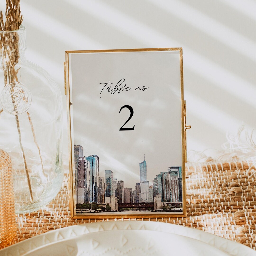 CHICAGO Table Number Template, Watercolor Chicago Skyline Wedding Table ...