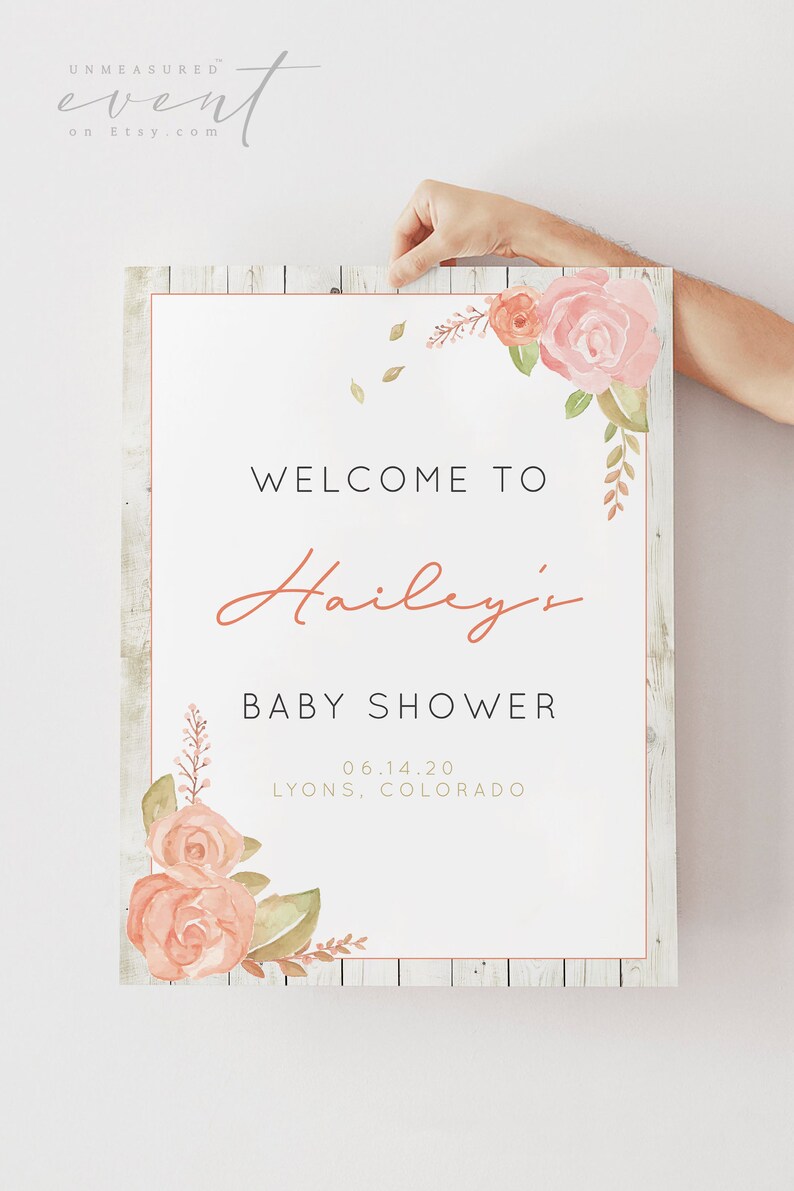JOSIE Rustic Baby Shower Welcome Sign Template Peach Floral | Etsy