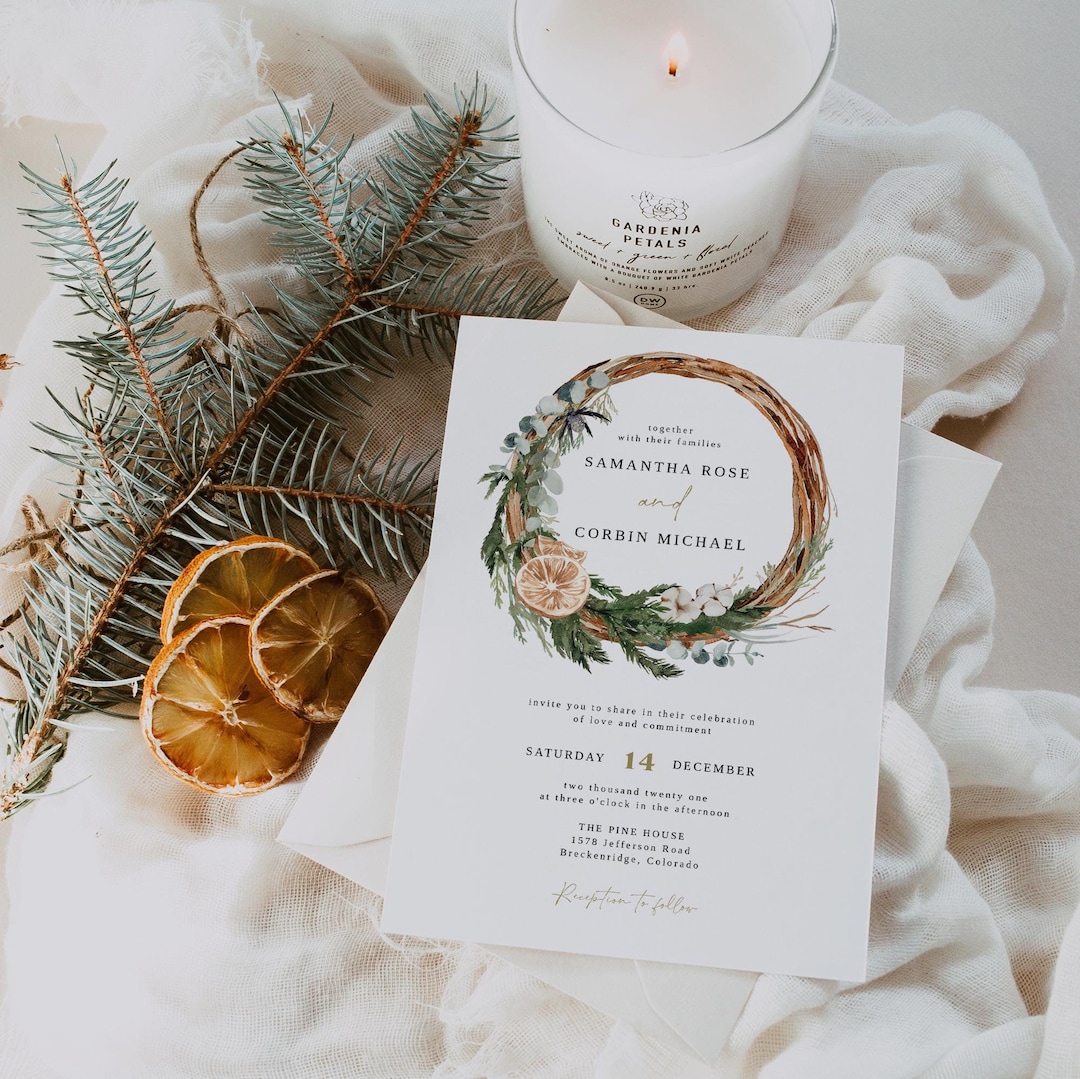 Scandinavian Christmas Wedding Invitation Template, Winter Wedding ...
