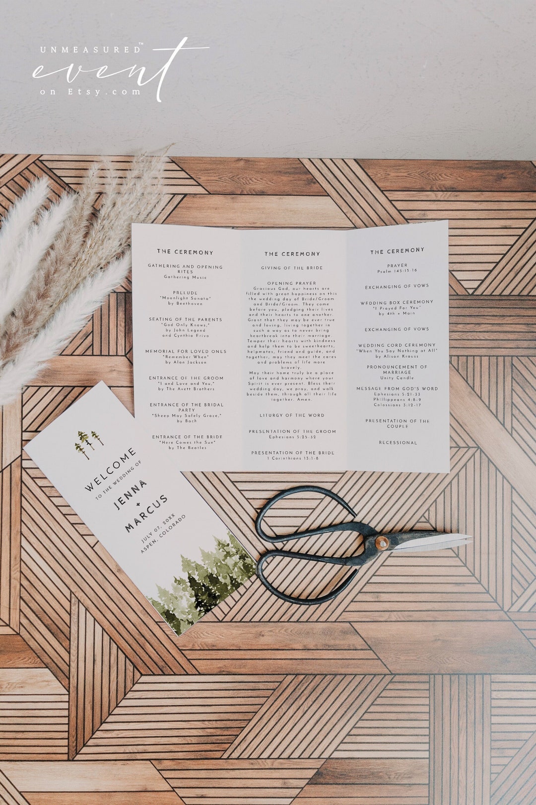 JENNA Trifold Wedding Program Template, Rustic Pine Tree Wedding Program Printable, Watercolor ...