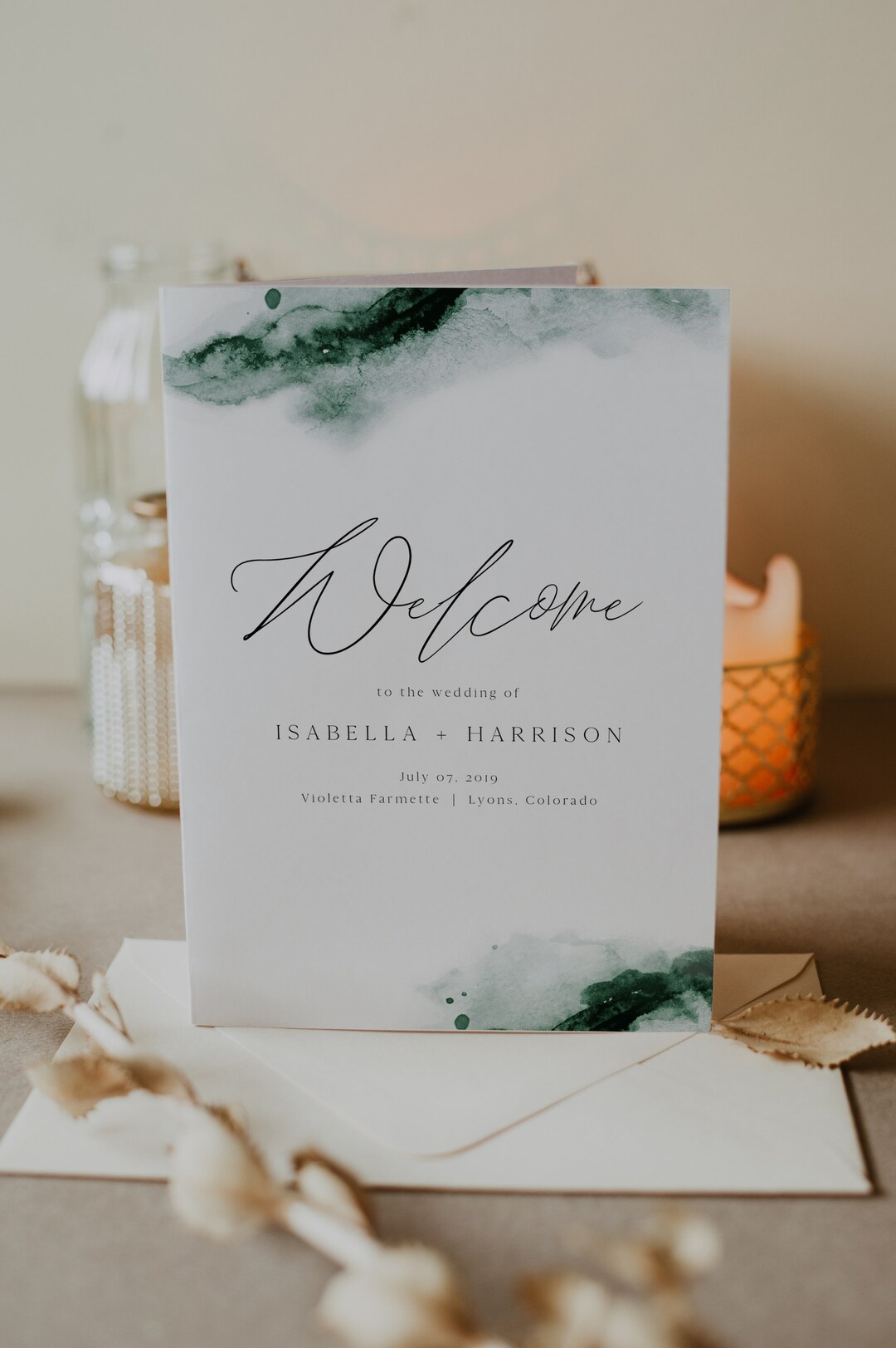 EMERALD Green Watercolor Foldable Wedding Program Template, Tropical ...