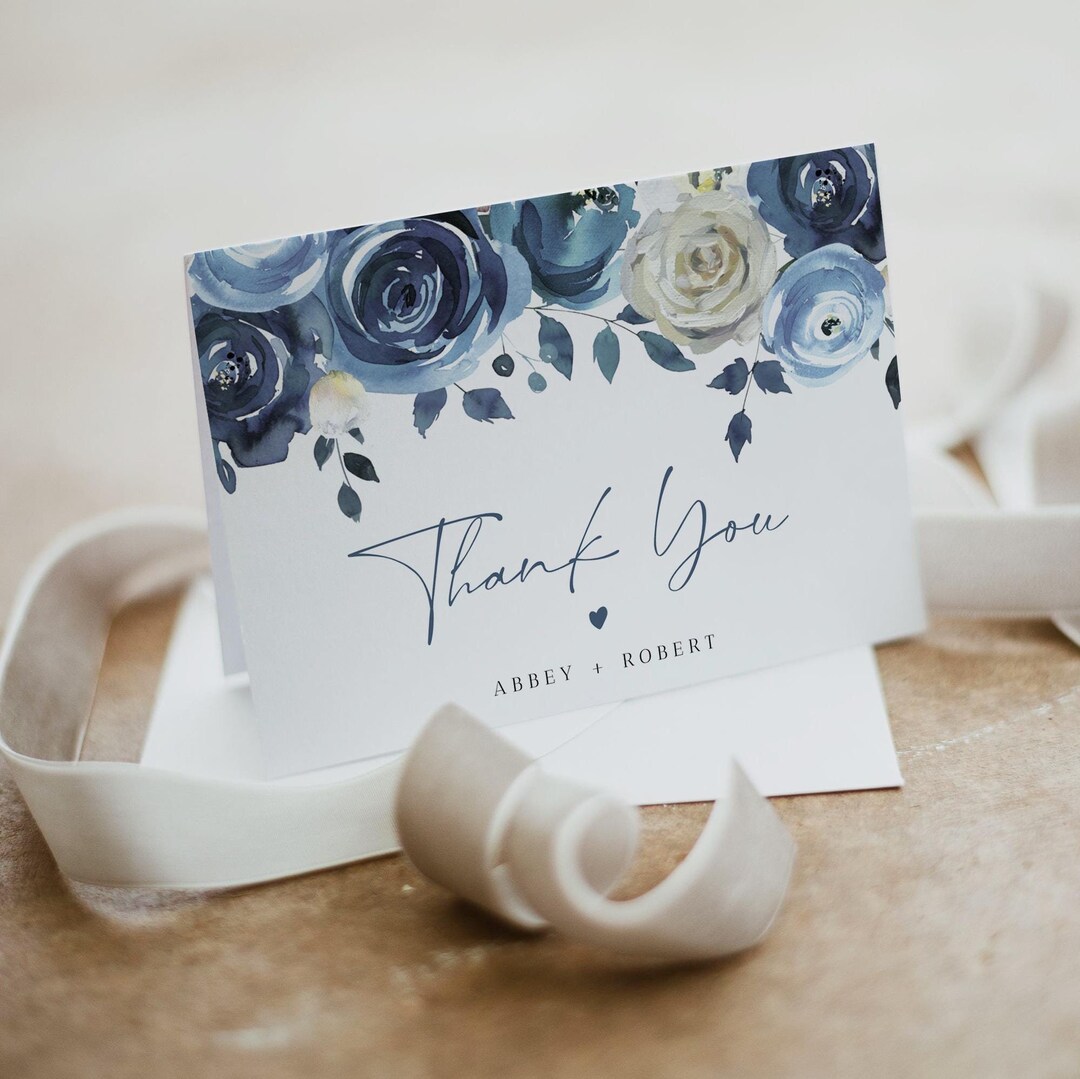 Blue Floral Thank You Card Template, Dusty Blue Thank You Card ...