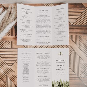 JENNA Trifold Wedding Program Template, Rustic Pine Tree Wedding Program Printable, Watercolor ...