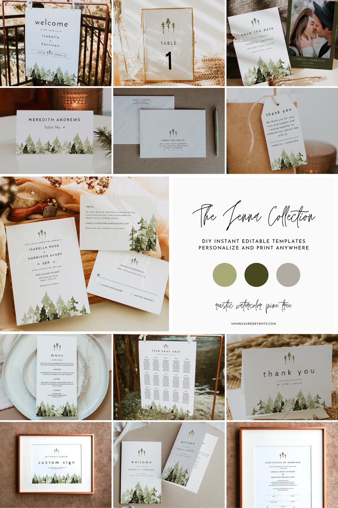 JENNA Pine Mega Wedding Bundle, Rustic Pine Tree Wedding Invitation, Mountain Wedding Invitation ...