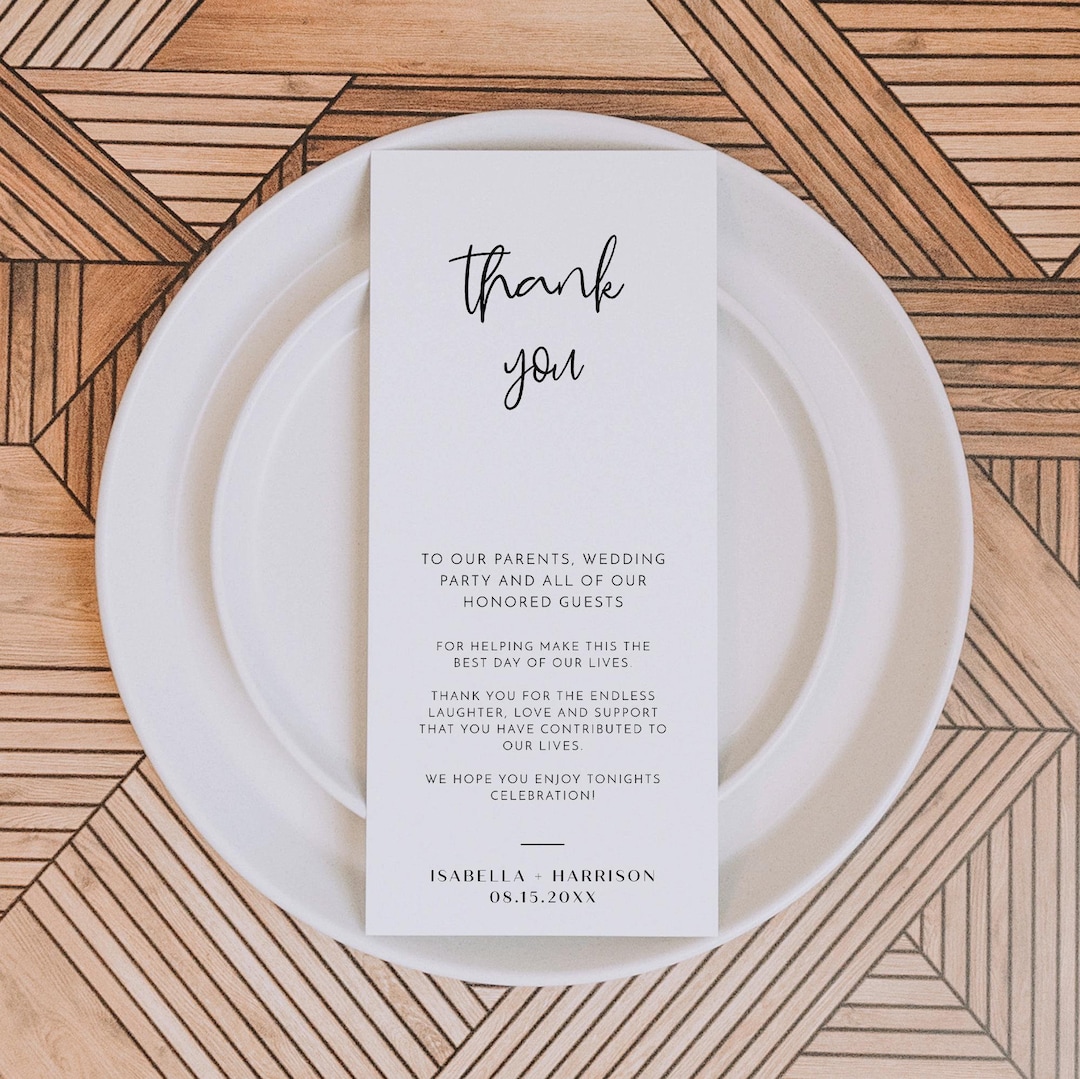 Wedding Table Thank You Card Template Modern Minimalist Napkin Thank ...