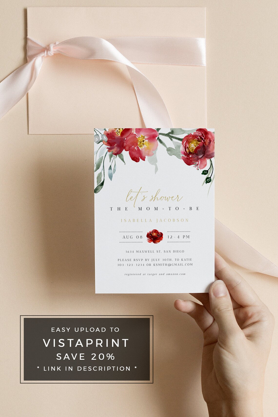 CHLOE | Red Floral Baby Shower Invitation Template, Burgundy Baby ...