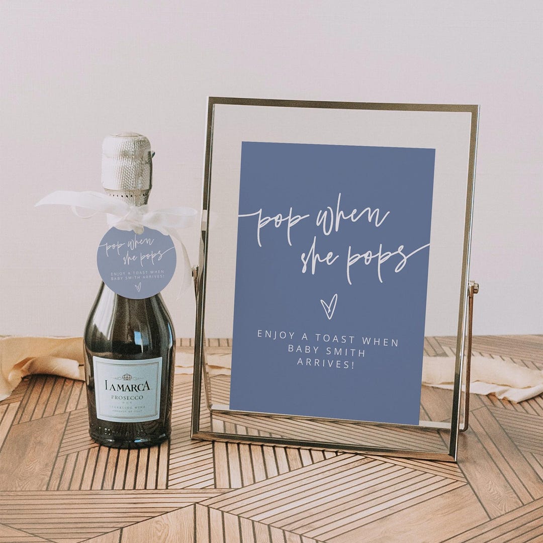Dusty Blue Bohemian Pop When She Pops Baby Shower Sign and Tag Template ...