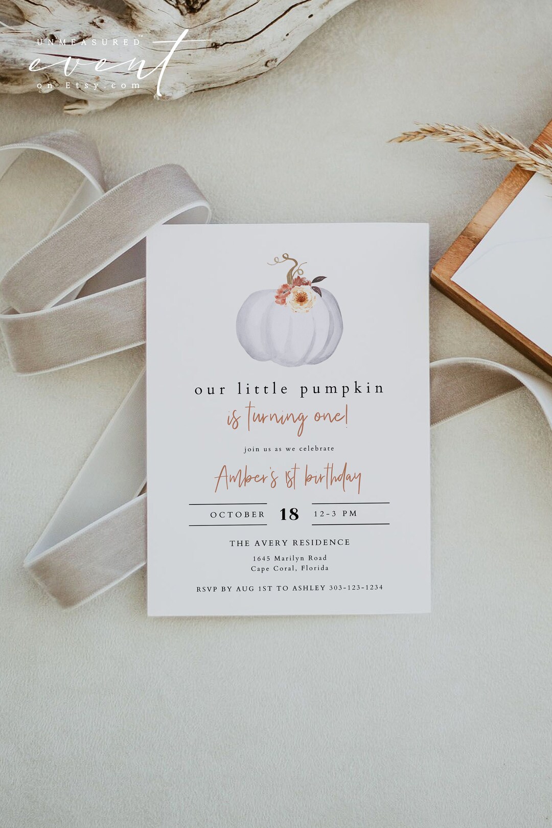 AMBER Pumpkin Birthday Invitation Template, Cute White Pumpkin 1st ...