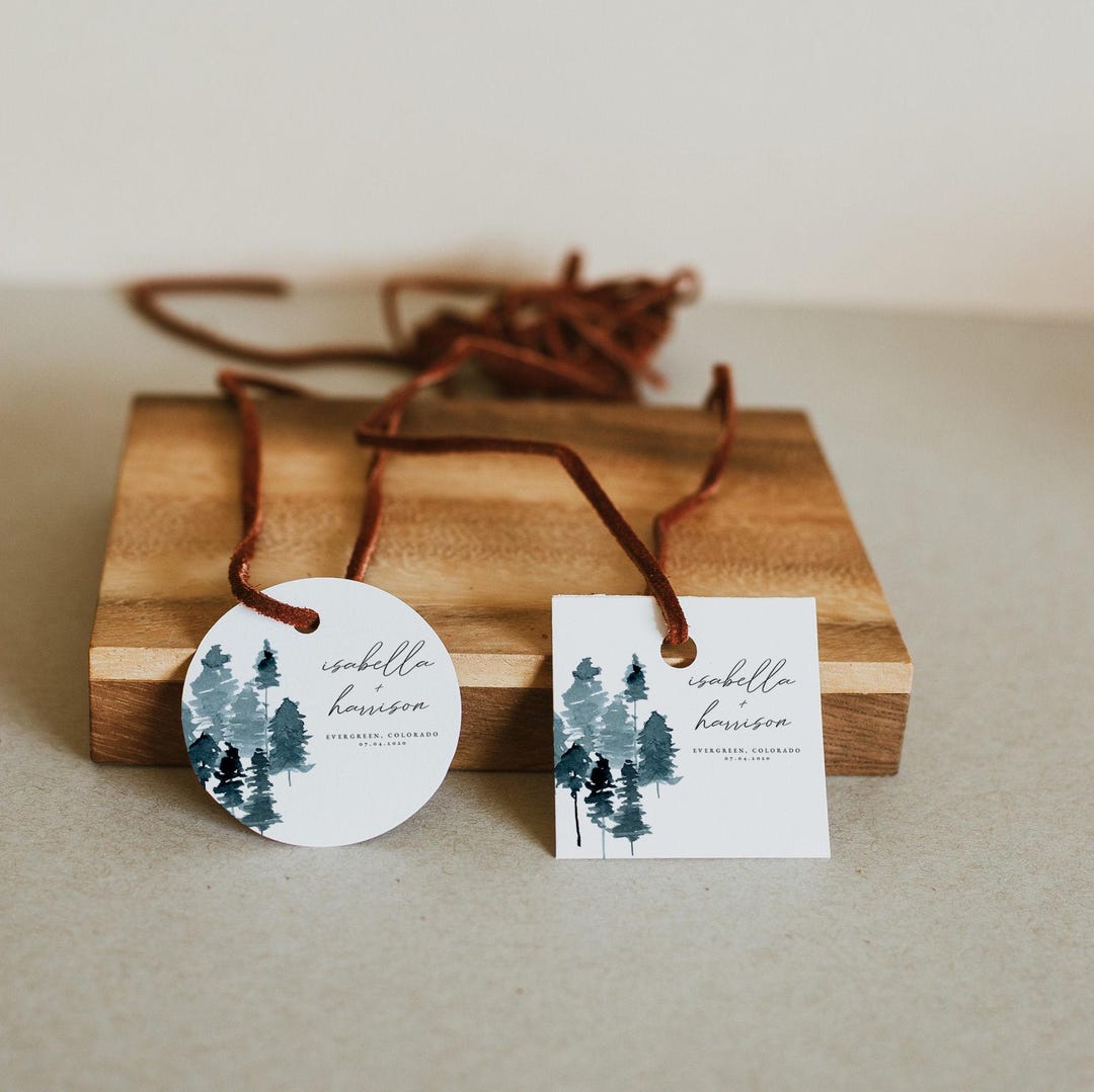 Pine Tree Wedding Favor Tag Template, Mountain Wedding Favor Tag, Round ...