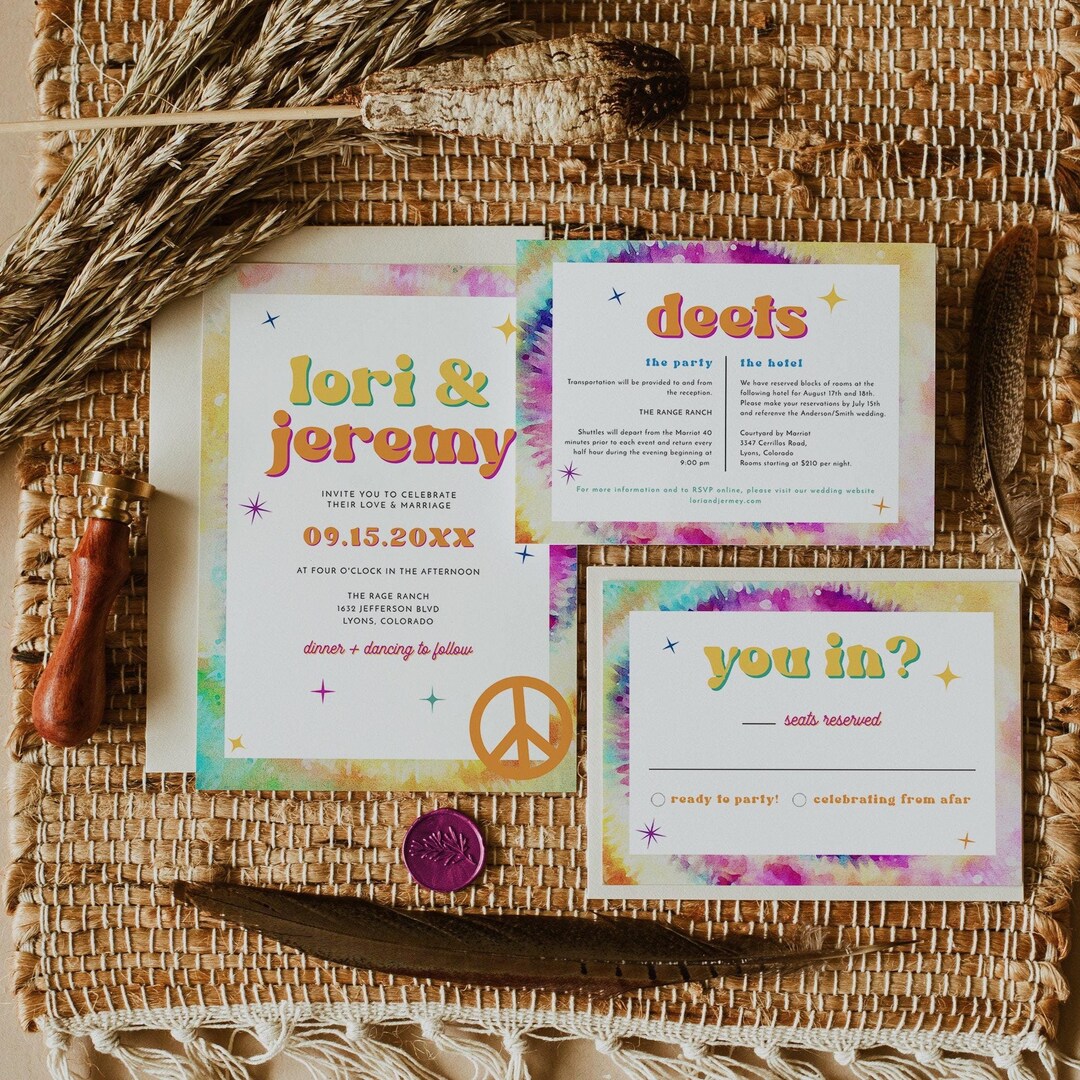 70's Wedding Invitation Suite Templates, Groovy Wedding Invitation Set ...