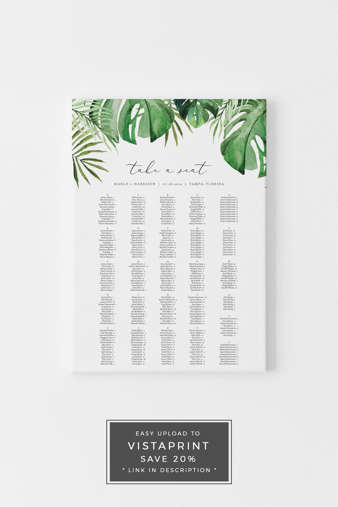 Tropical Wedding Seating Chart Template, Alphabetical Seating Chart ...