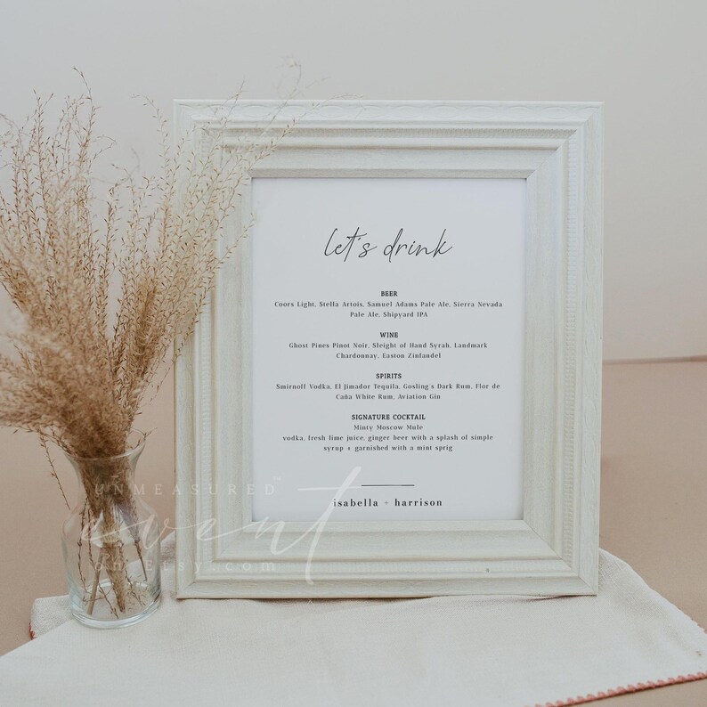 8x10" Bar Menu Template, Modern Minimalist Wedding Drink Menu Sign ...