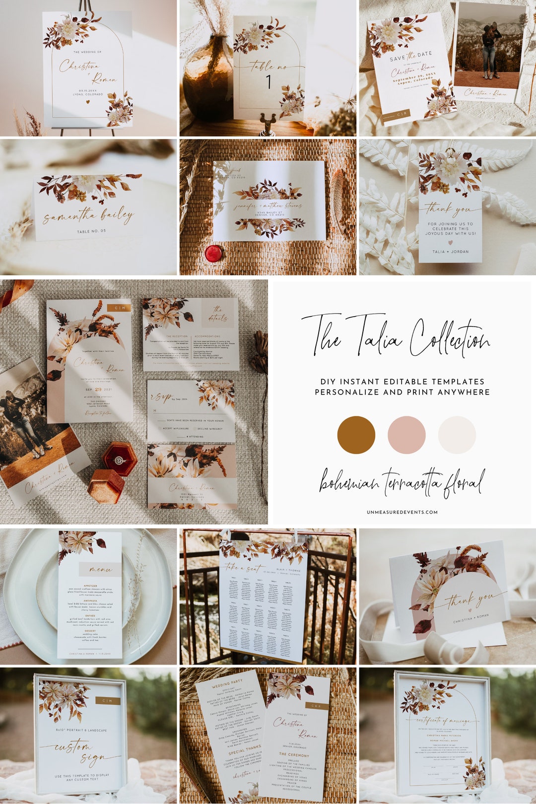 TALIA Rustic Autumn Wedding Invitation Template Bundle, Bohemian ...