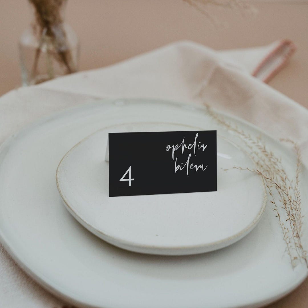 Contemporary Wedding Place Card Template, Black Place Card, Modern ...