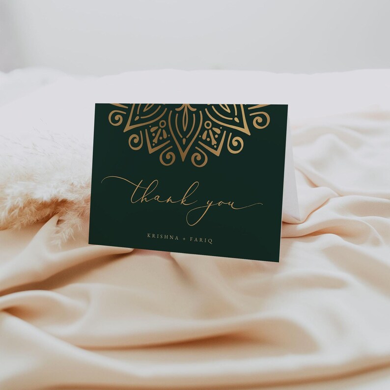 Green and Gold Mandala Thank You Card Template, Indian Wedding Thank ...