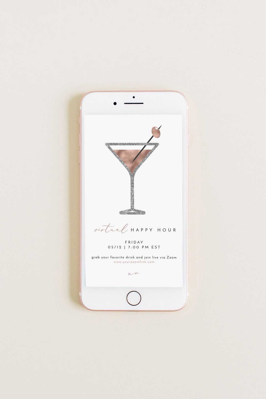 Rose Gold Martini Virtual Happy Hour Invitation Template, Text Message ...