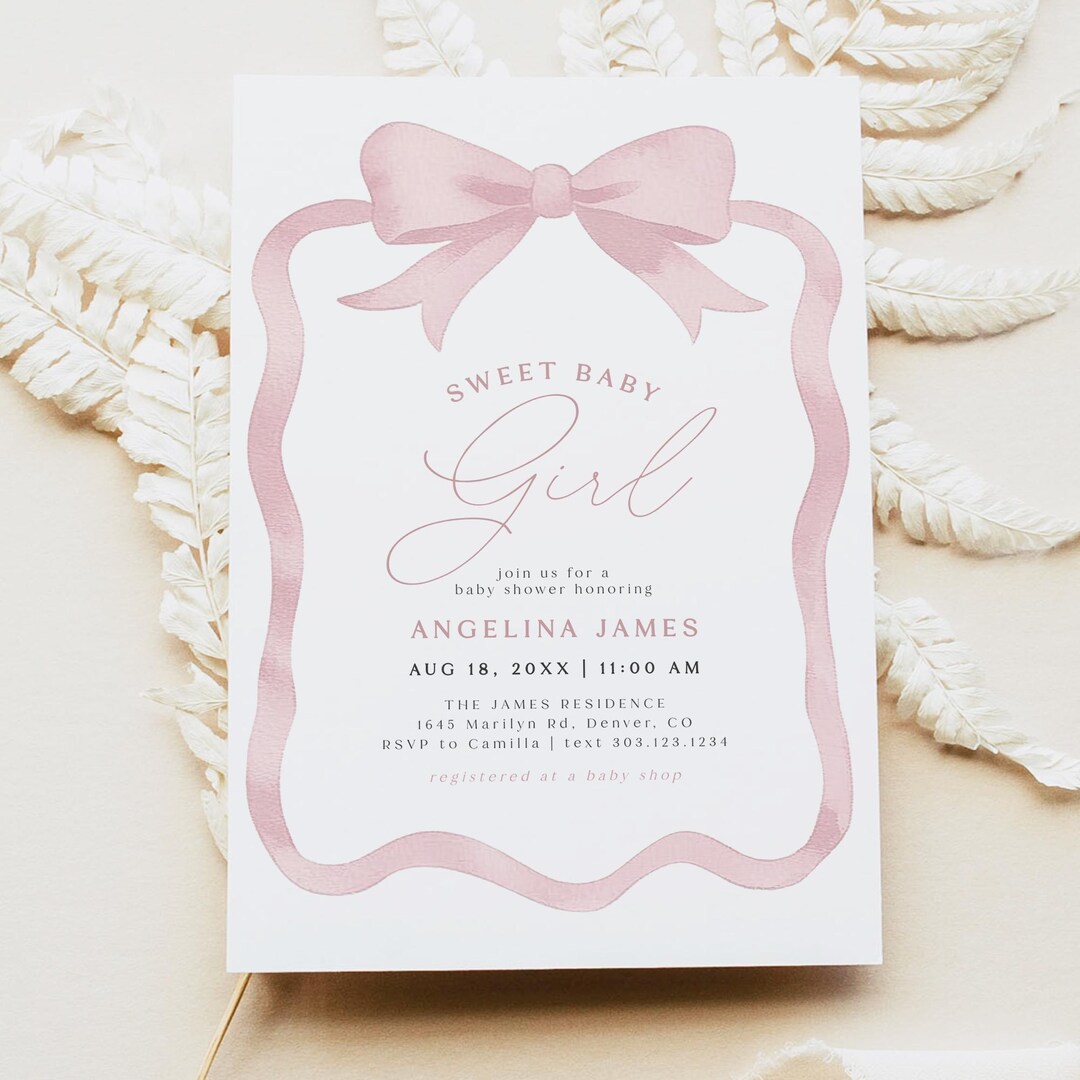 ANGELINA Baby Shower Invitation Template, Pink Bow Baby Shower ...