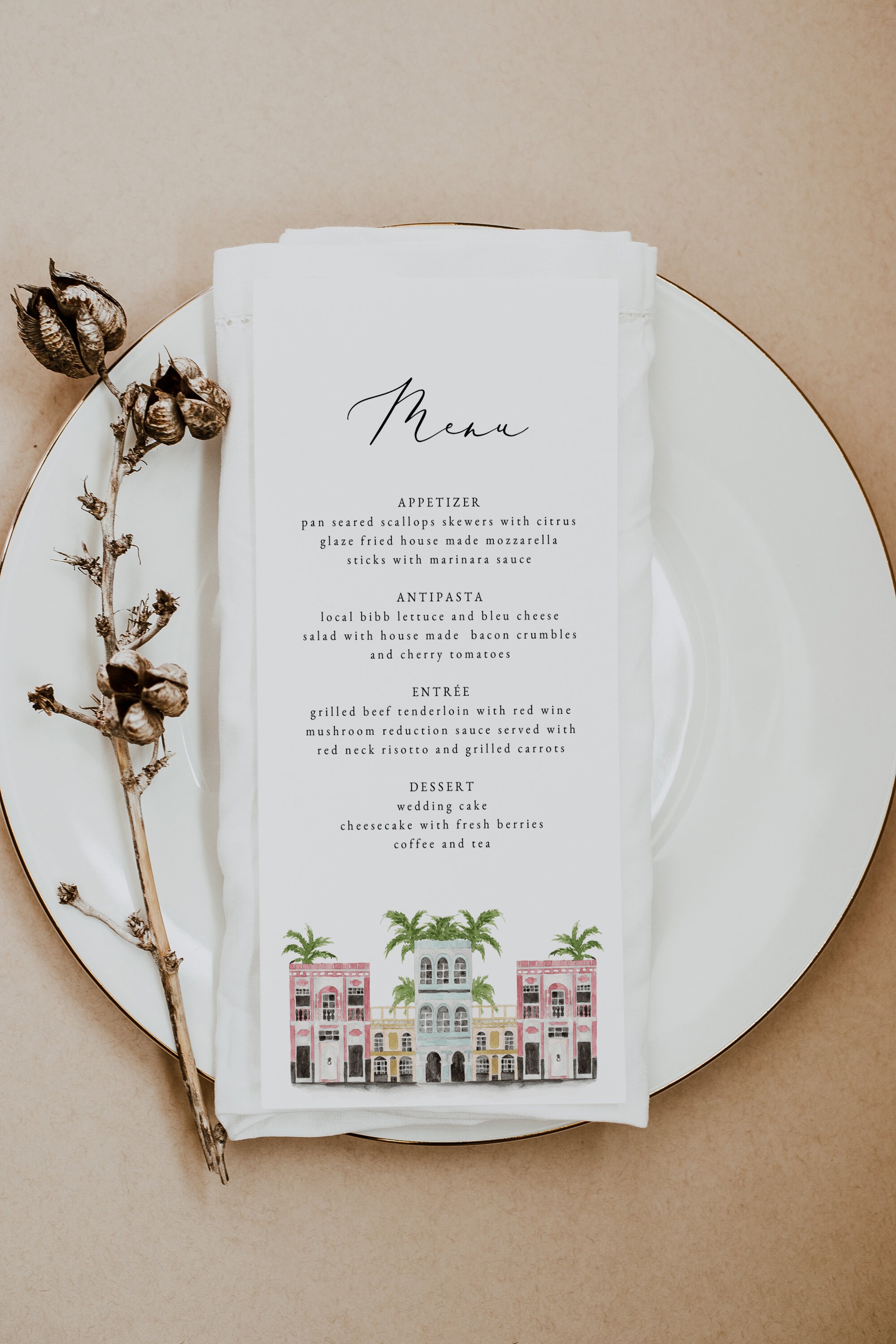 FIONA Charleston Wedding Menu Template, Miami Wedding Menu Cards ...