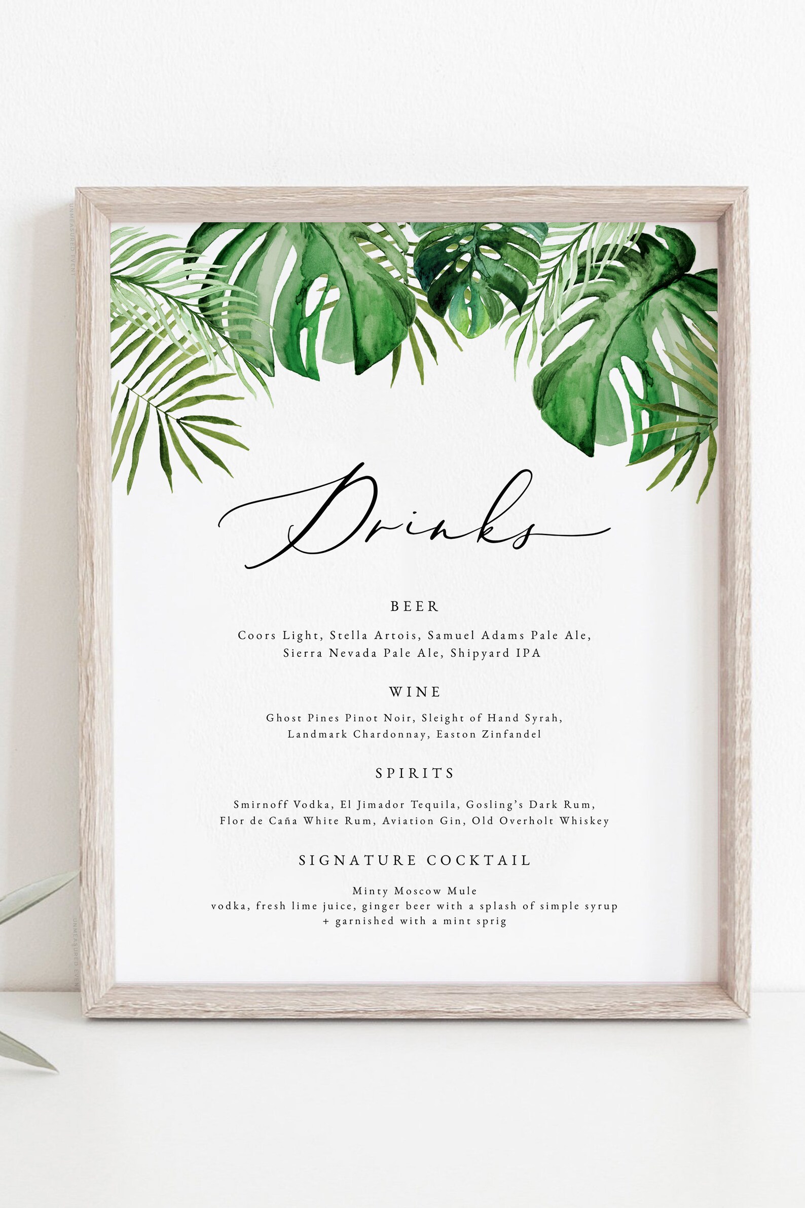 Tropical 8x10 Wedding Bar Sign Template, Palm Leaf Table Drink Menu ...
