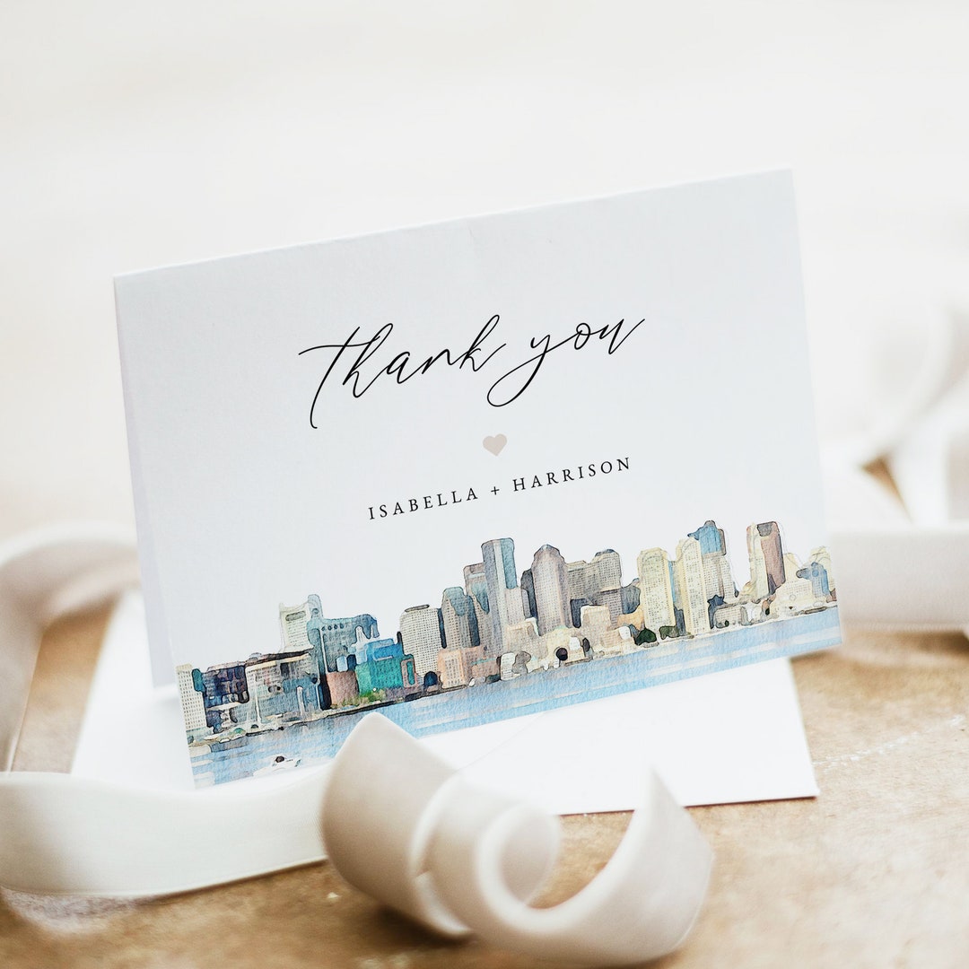 BOSTON Thank You Card Template, Watercolor Skyline Thank You Cards ...