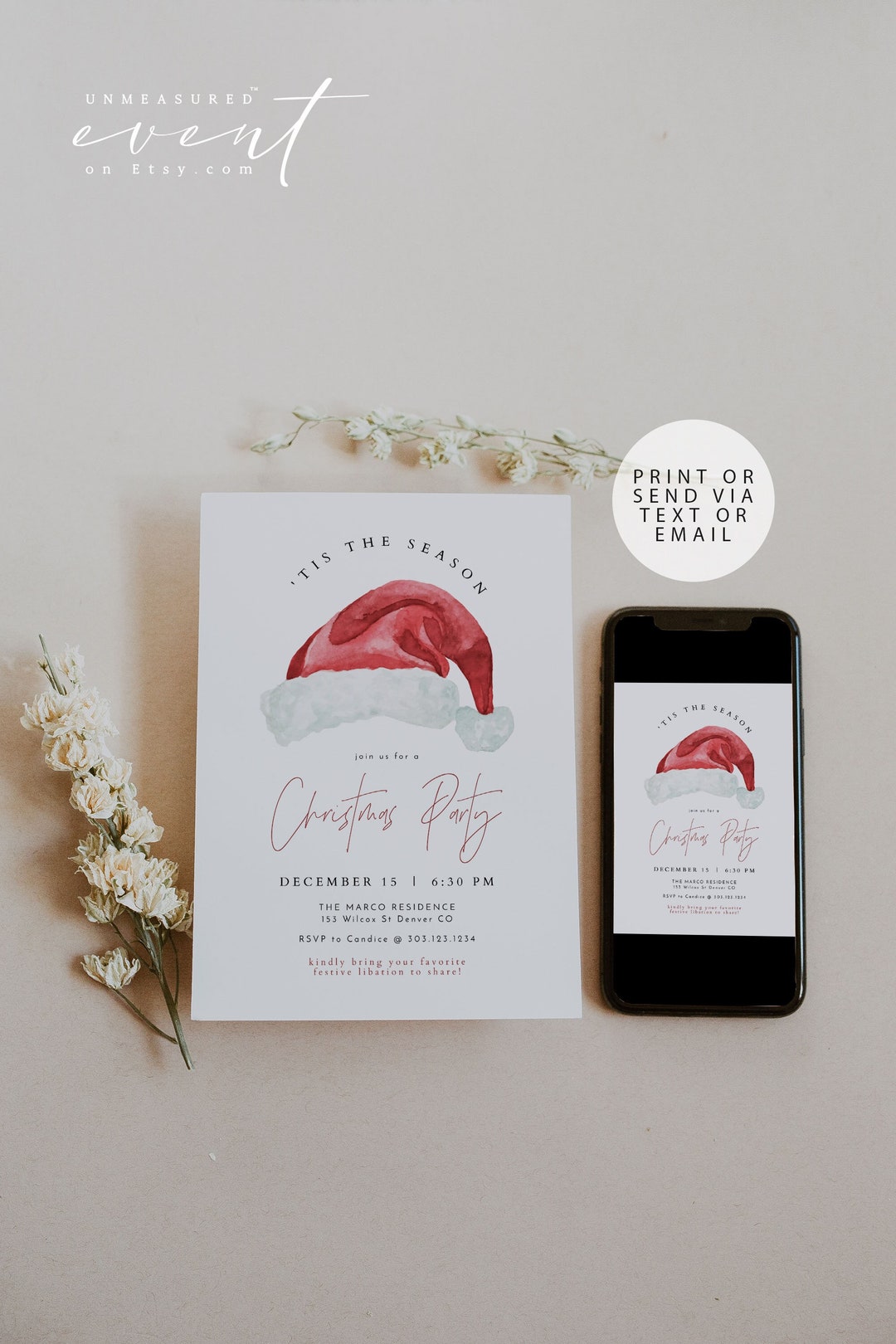 Minimalist Christmas Party Invitation Template, Modern Santa Hat ...
