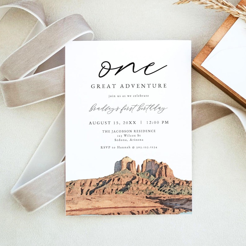 SEDONA First Birthday Invitation Template, Arizona Watercolor Skyline ...