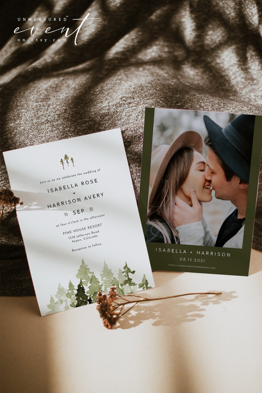 JENNA Pine Tree Wedding Invitation Template, Pine Wedding Invitation ...