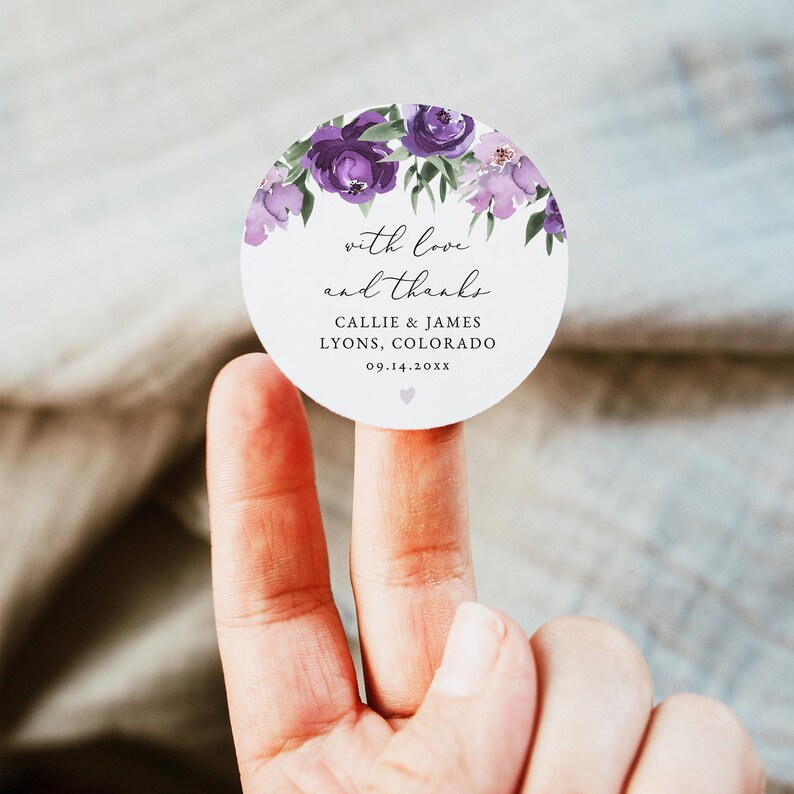 Purple Floral Round Favor Tag Template, Round or Square Printable Thank ...