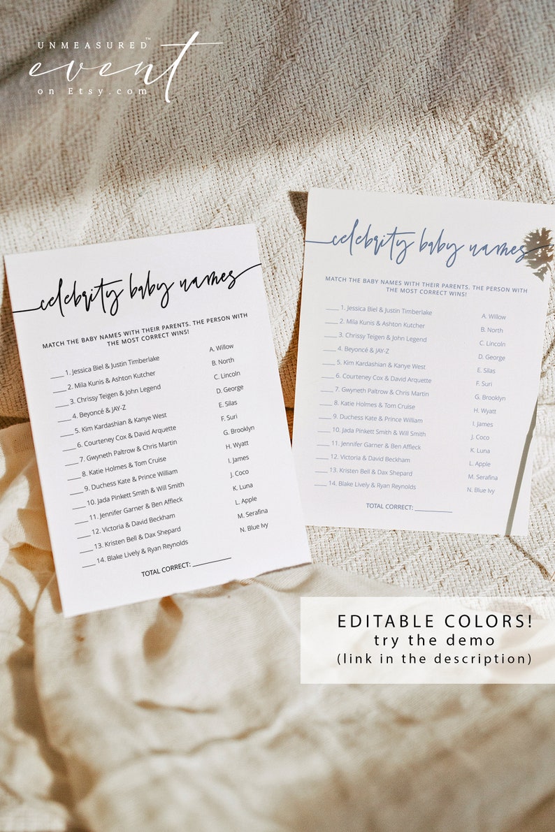 MARLO Minimalist Dusty Blue Celebrity Baby Names Baby Shower Game ...