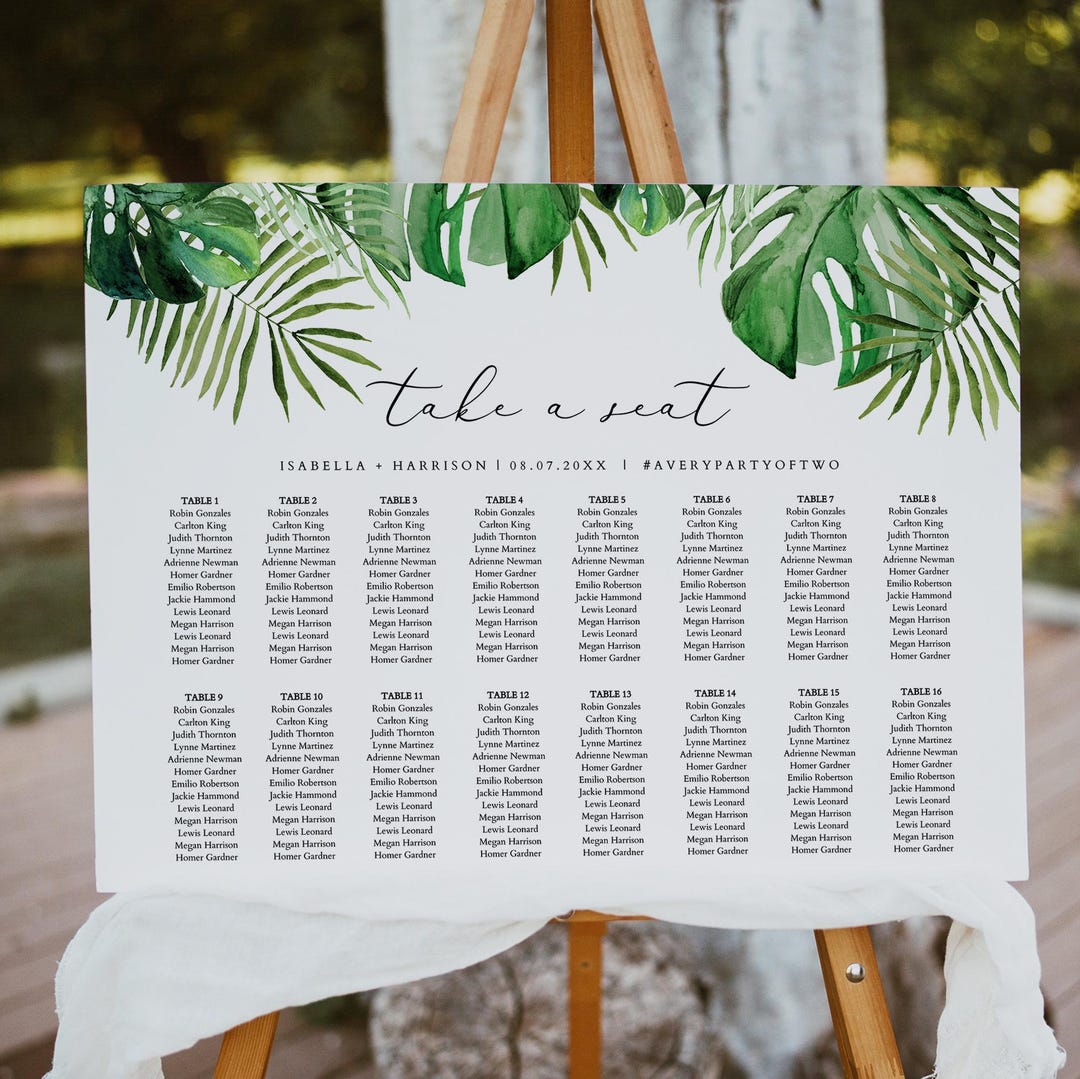 Tropical Seating Chart Template, Palm Leaf Seating Chart, Horizontal ...