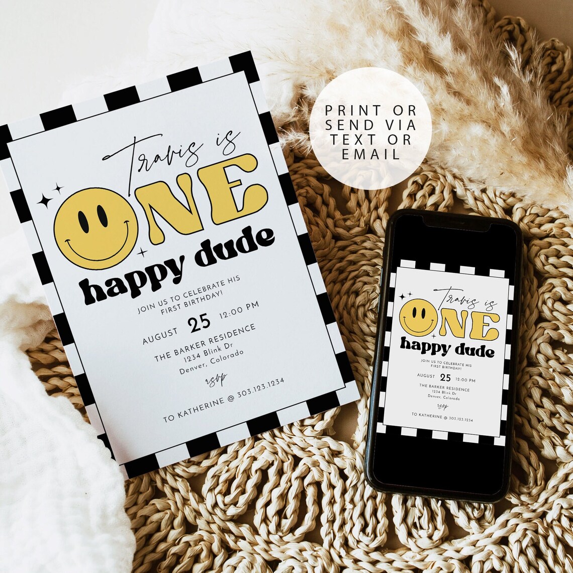 TRAVIS One Happy Dude Birthday Invitation Template, Happy Face Birthday ...