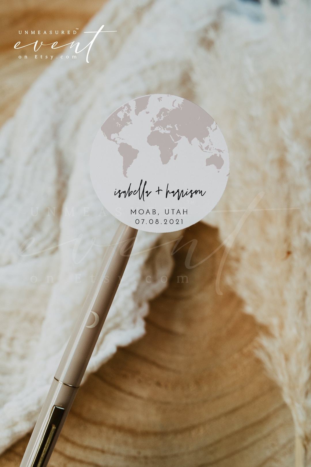QUINN Blush World Map Round Sticker Template, Destination Wedding Favor ...