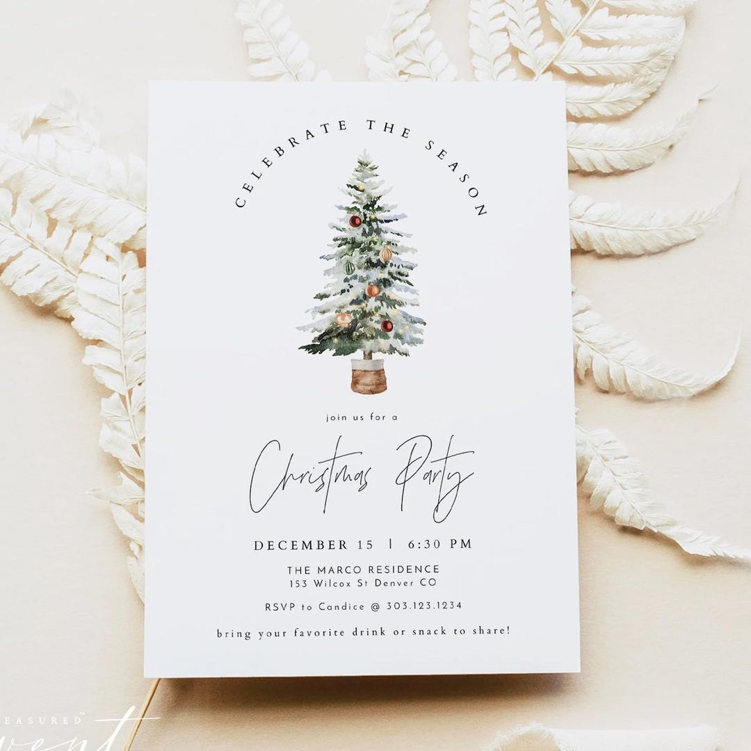 Minimalist Christmas Party Invitation Template, Modern Watercolor ...