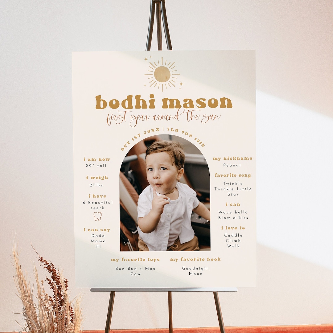 BODHI Sun Photo First Birthday Milestone Board Template, Boho Milestone ...