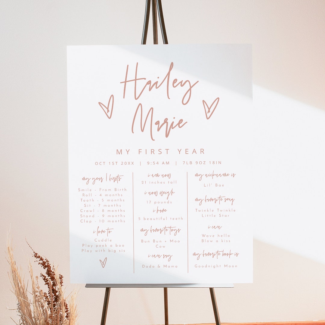 MARLO Baby Milestone Board Template, Blush First Birthday Milestone ...