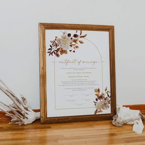 Boho Marriage Certificate Template, Fall Wedding Marriage Certificate ...