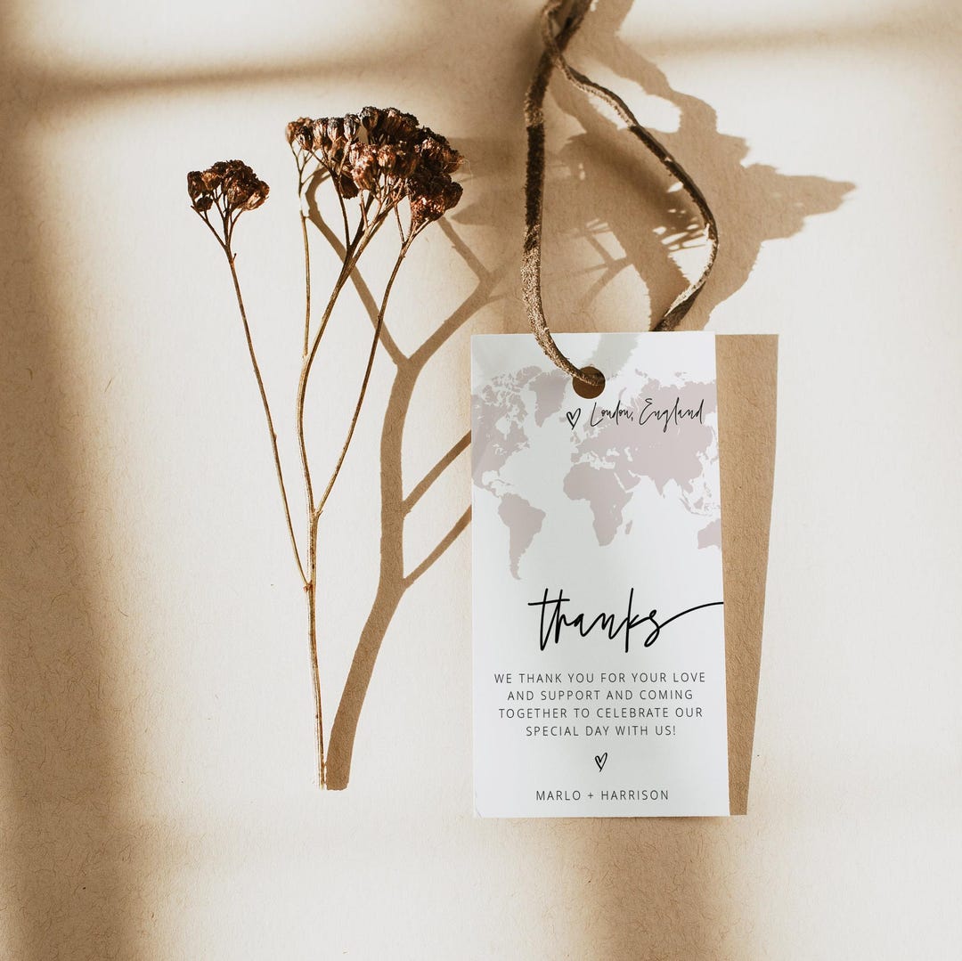 Blush Map Wedding Favor Tag Template, Travel Themed Favor Tags, World ...
