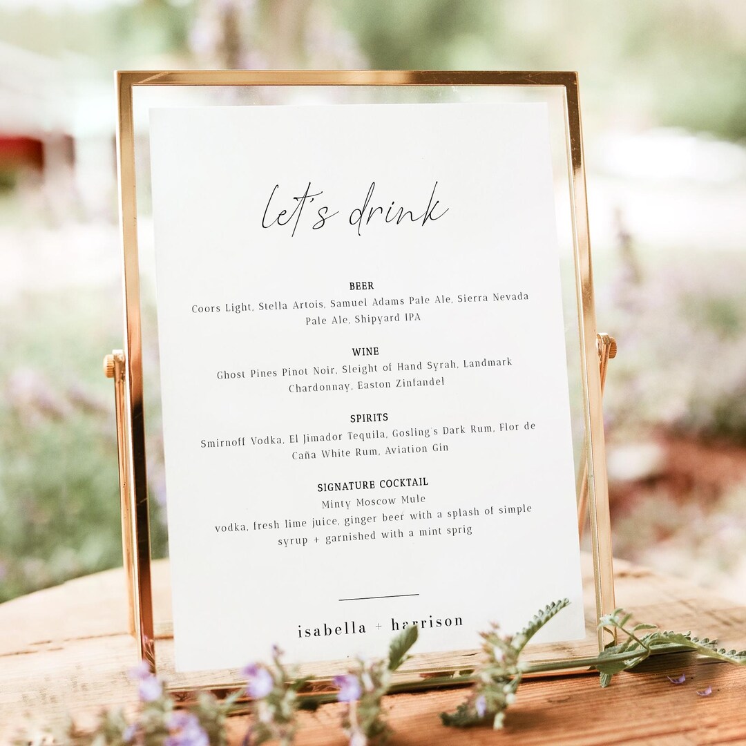 8x10" Bar Menu Template, Modern Minimalist Wedding Drink Menu Sign ...