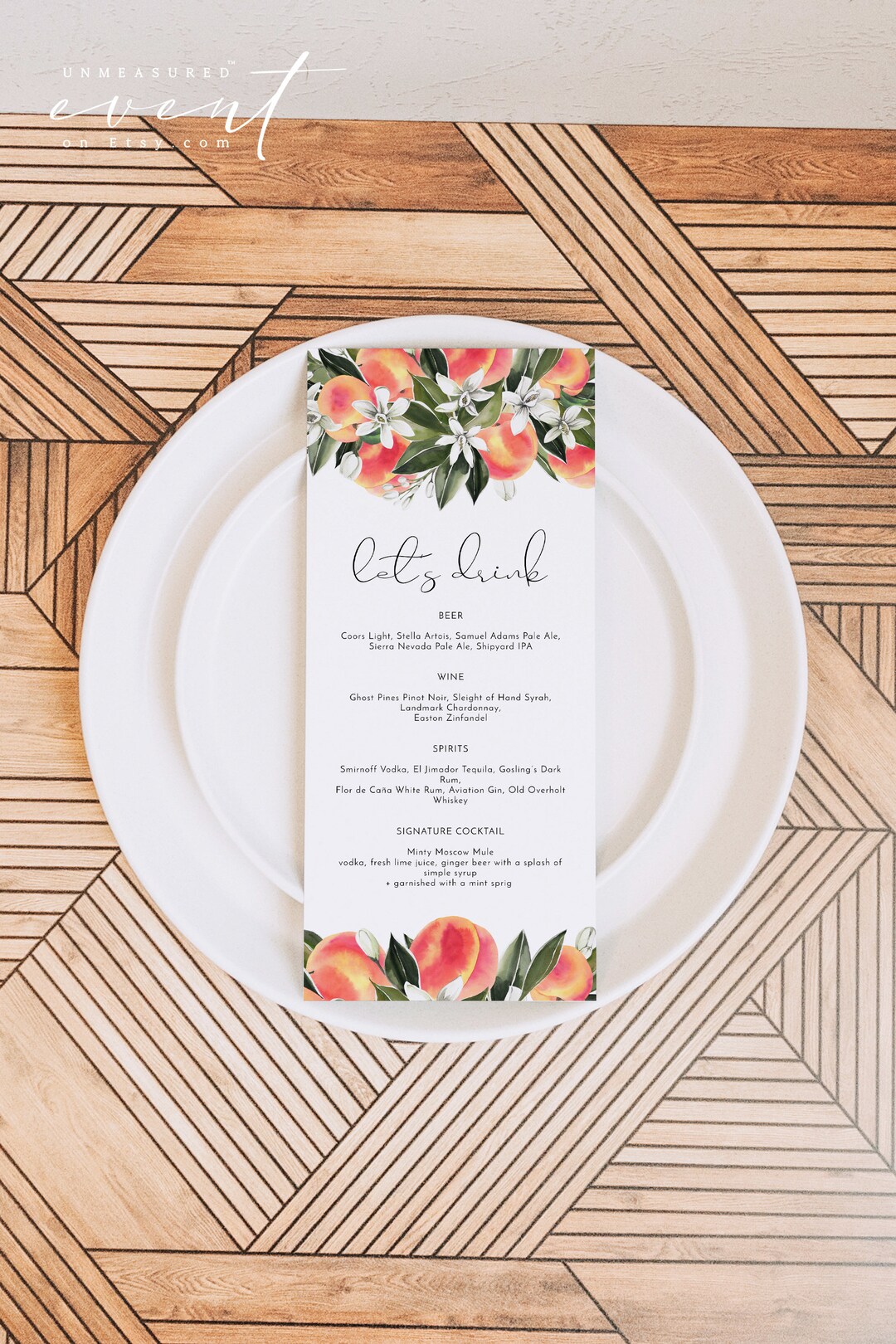 SAVANNAH Peach Themed Drink Menu Template, Bridal Shower Let's Drink ...