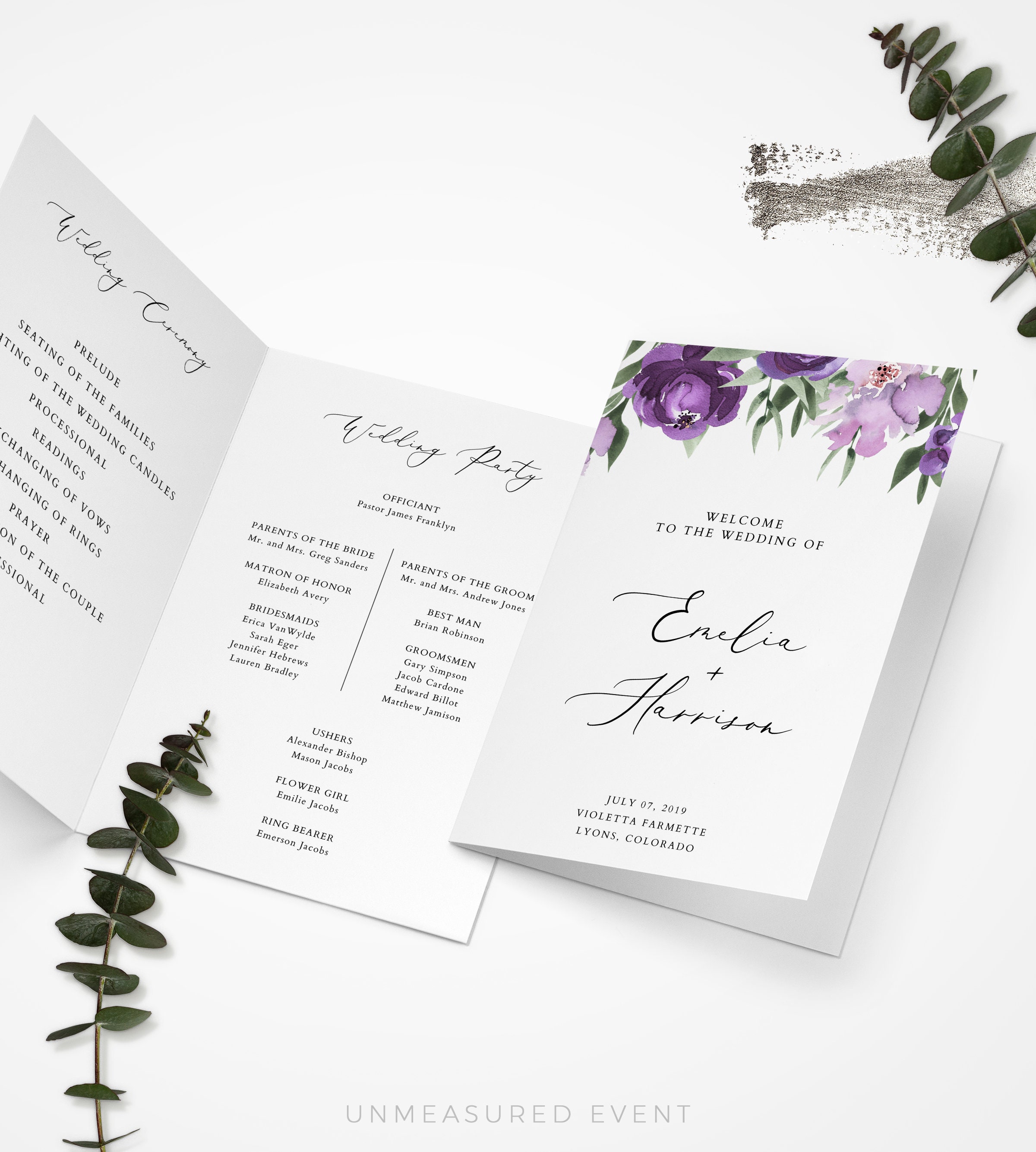LILAH Purple Floral Wedding Program Template Folded Wedding - Etsy
