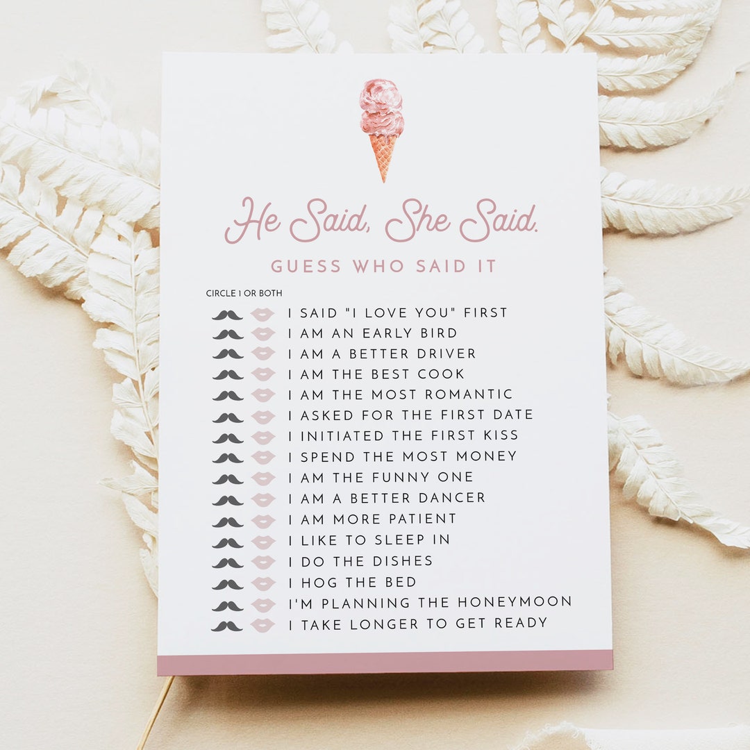 CLARA PRINTED + SHIPPED He Said She Said Game, Bridal Shower Games ...